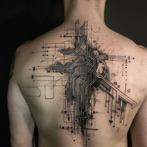 Tattoo symbols with cyberpunk motifs, in the style of Adrian Smith ...