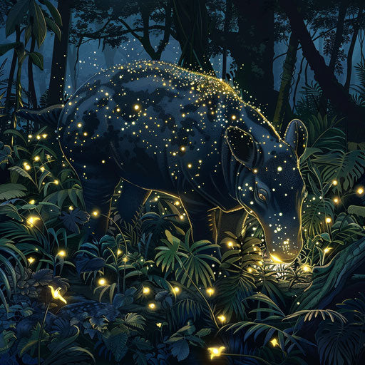 Enchanting night scene with a Baird's tapir illuminated by fireflies ...