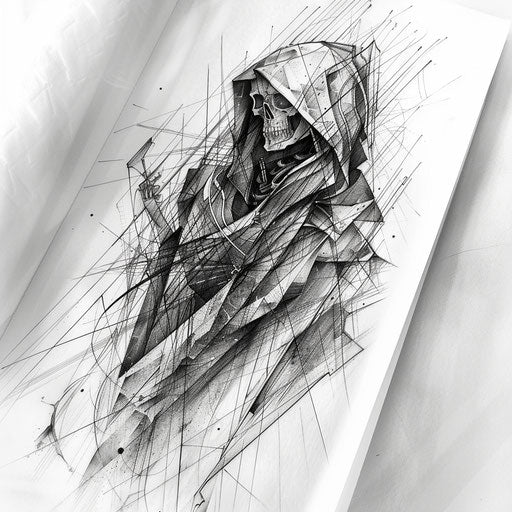 Abstract reaper tattoo design with geometric shapes and grayscale ...