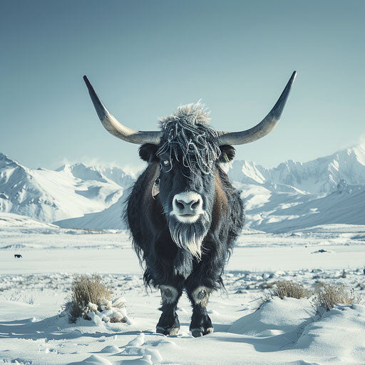 Yak foraging in snowy landscape under clear sky – IMAGELLA