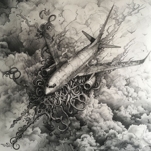 Dark gothic tattoo sketch of a mysterious ghost plane in the clouds ...