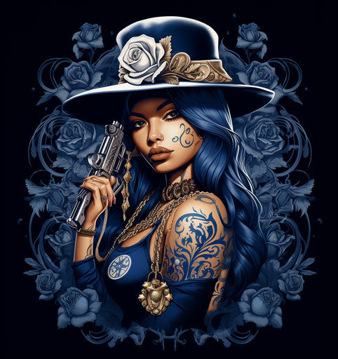 The girl with guns in portrait, in the style of classic tattoo motifs ...