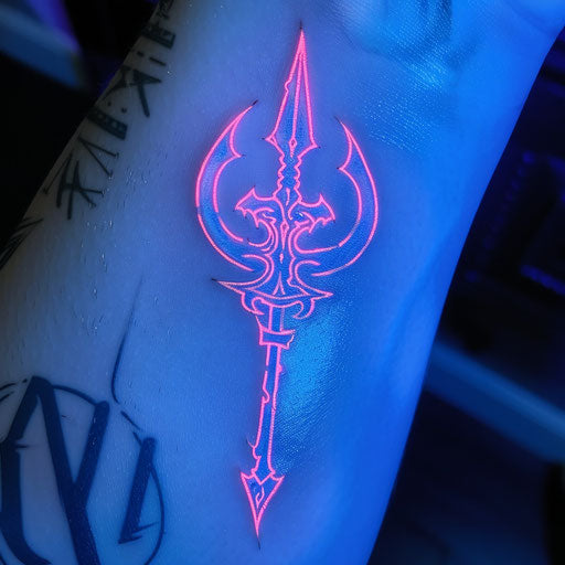 A cyberpunk trident tattoo in pink and blue, on white background – IMAGELLA
