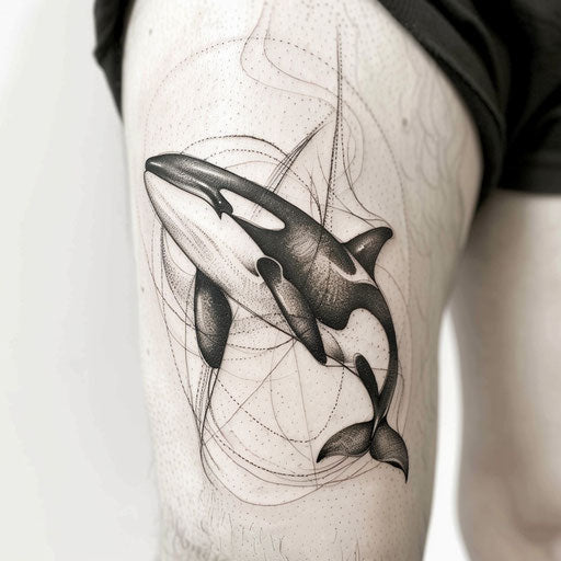 Elegant tattoo sketch of orca whale, delicate lines and pastel tones ...