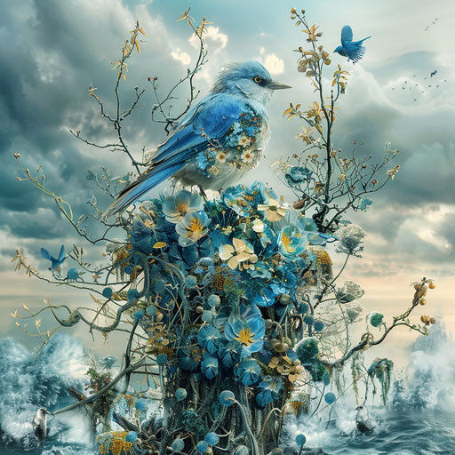 Bluebird in a fantastical scene with surreal elements – IMAGELLA