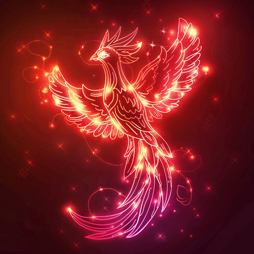 Flat tattoo sketch of a neon phoenix rising with fiery red and orange ...