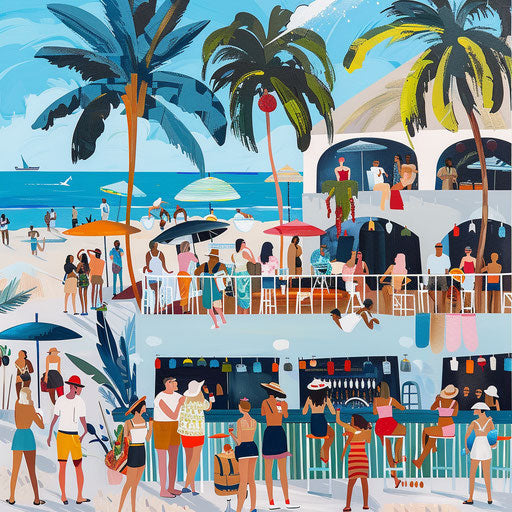 Stylish beach bar scene with lively crowd and chic decor – IMAGELLA