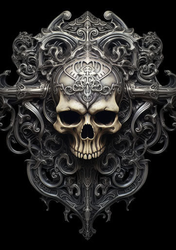 Skull with sword and drool holding something, intricate pencil work ...