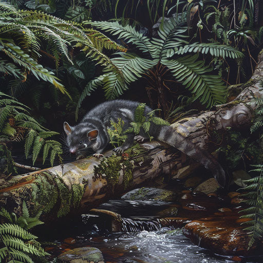 Adventurous white-tail possum crossing stream on fallen log – IMAGELLA