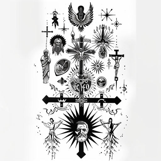 Black ink tattoo illustration of the Beatitudes with symbolic icons ...