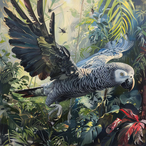 African grey parrot hunting insects in a sunny wild jungle – IMAGELLA