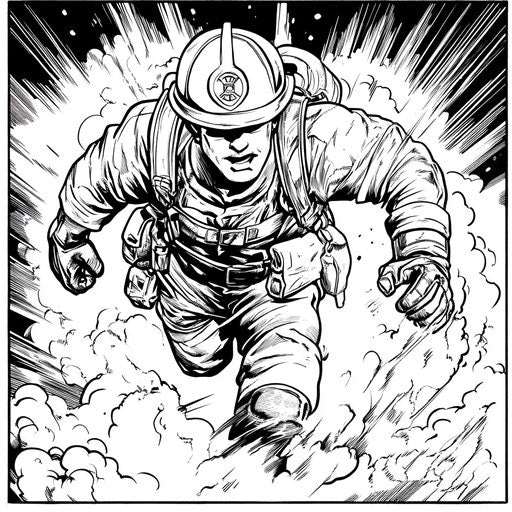 Firefighter in a comic action, Mike Zeck style, bold and dynamic – IMAGELLA