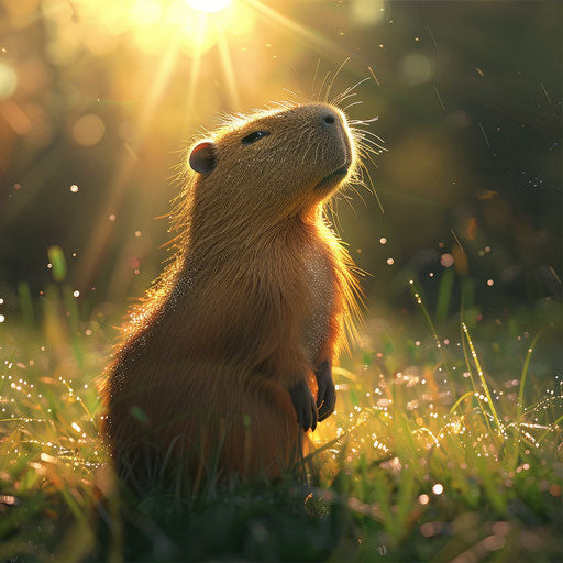 Capybara illuminated by soft morning light with dew on grass – IMAGELLA