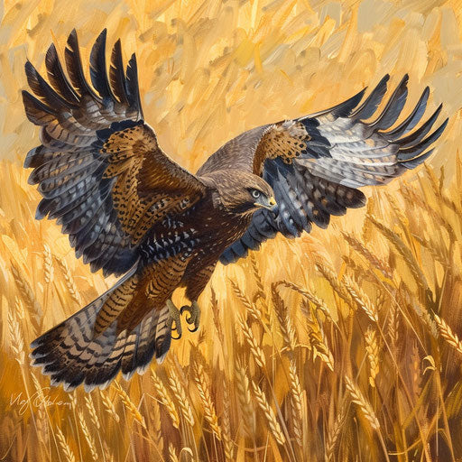 A Swainson's hawk hunting, wings spread wide over golden wheat fields ...