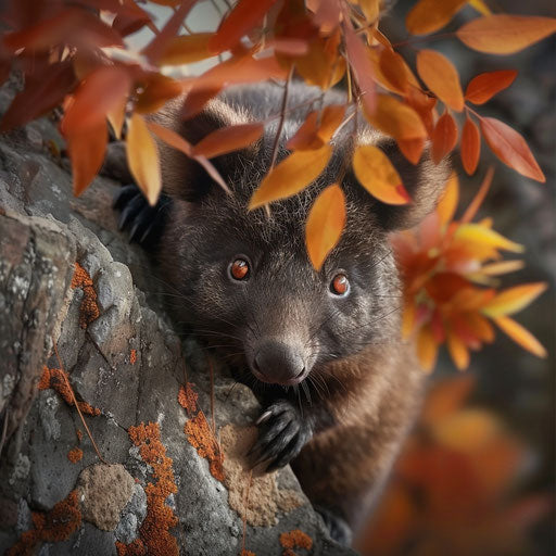 Wombat peeking from behind a rock with autumn foliage – IMAGELLA