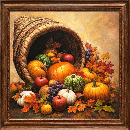 Golden cornucopia overflowing with pumpkins, squash, apples, and ...