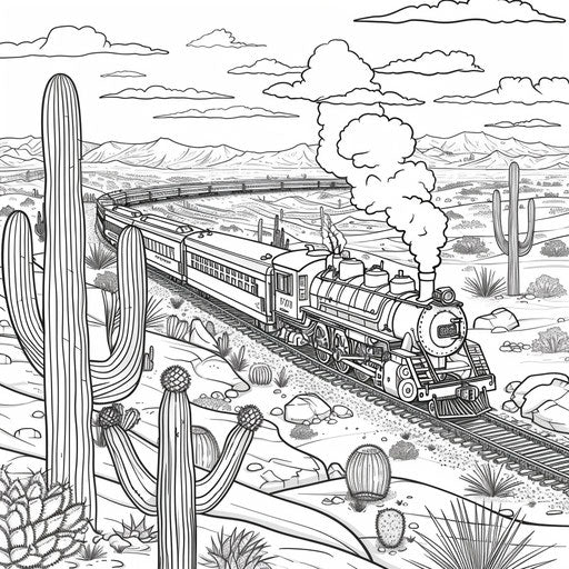 Train traveling through a desert with cacti and sand dunes. Coloring ...