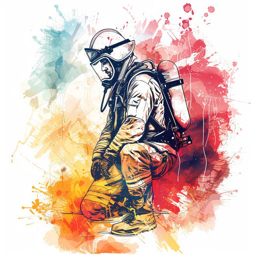 Firefighter sketch with abstract watercolor in muted tones – IMAGELLA