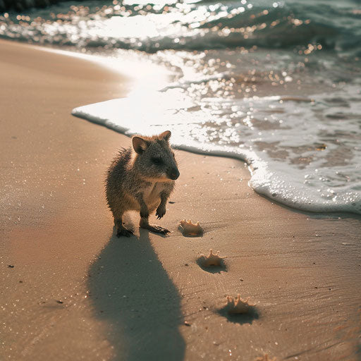 A quokka hopping on a sandy beach, leaving tiny footprints behind as ...
