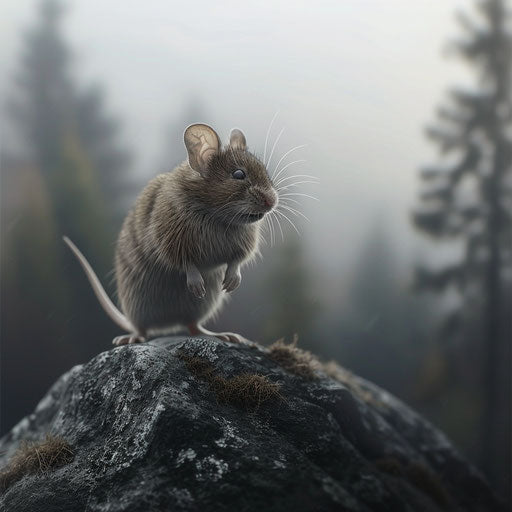 Mouse standing on a rock with misty forest background – IMAGELLA