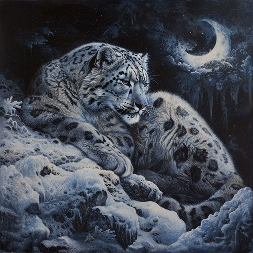 Snow leopard under crescent moon embodying wilderness spirit – IMAGELLA