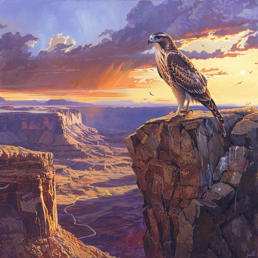Swainson's hawk resting on cliff at sunset over desert – IMAGELLA