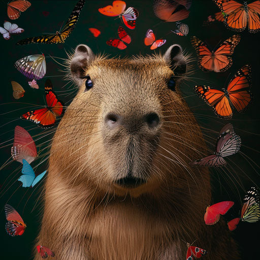 A capybara surrounded by butterflies with a gentle expression – IMAGELLA