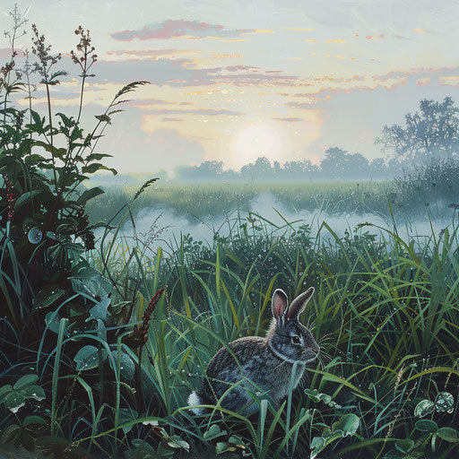 Serene sunrise in meadow, white tail rabbit – IMAGELLA