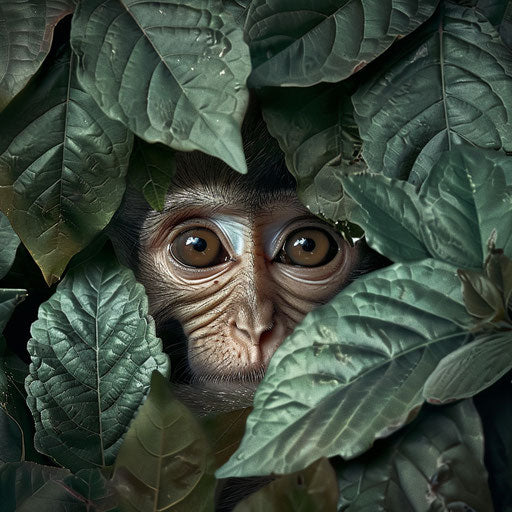 Adorable monkey hiding behind leaves, Simen Johan style – IMAGELLA