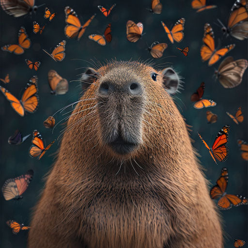 Capybara surrounded by butterflies in the style of Elke Vogelsang ...