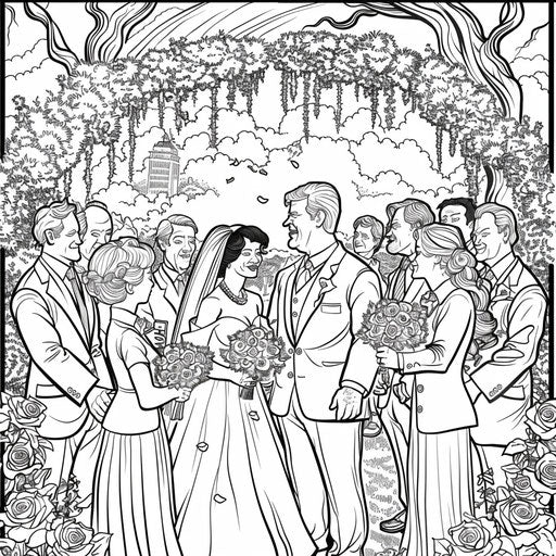 A satirical wedding in a political cartoon setting in the style of Walt ...