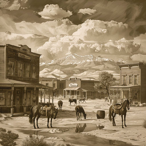Old West Colorado town with saloon and horses in sepia tone – IMAGELLA