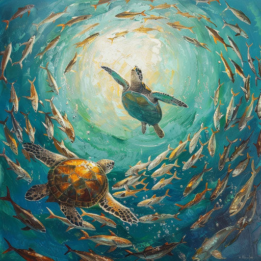 Underwater ballet: turtle swims among silver fish under sun – IMAGELLA