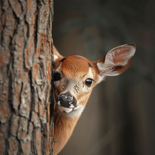 Playful fawn peeking out from behind a tree in the style of Elke ...