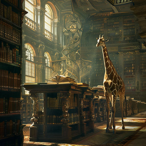A giraffe librarian organizing books in a grand, ancient library – IMAGELLA