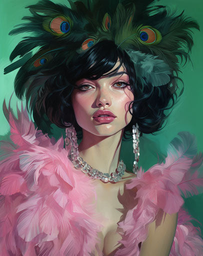 Fashion model in green feathers, colorful fantasy realism, chicano art ...