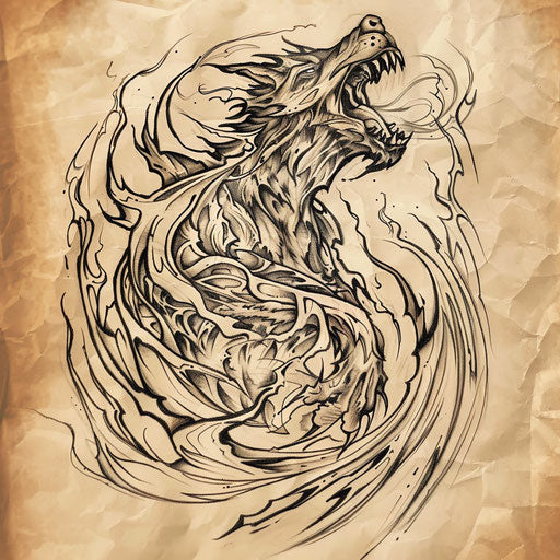 Dynamic flat tattoo sketch of a Wendigo mid-howl with swirling abstract ...