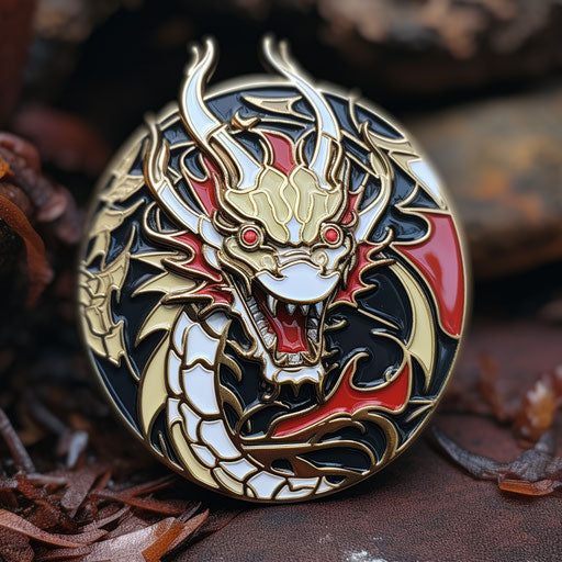 Pin de dragón con rojo y blanco, estilo amarillo oscuro y gris oscuro ...