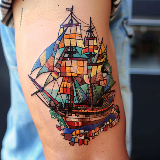 Colorful mosaic tattoo sketch of a historical explorer ship – IMAGELLA