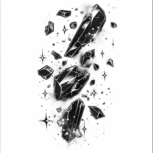 Abstract flat tattoo sketch with fragments of obsidian floating in ...