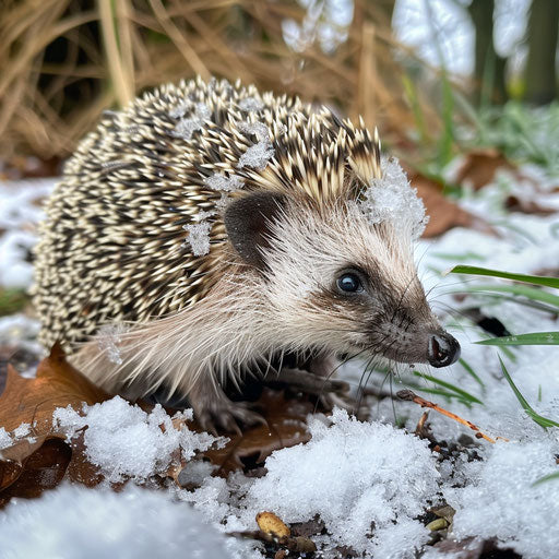 A hedgehog's first snow, its spines dusted with white, a contrast of ...
