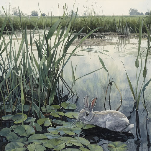 Luxuriant wetland with a variety of water plants, a white tail rabbit ...