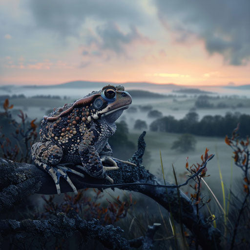 A Western leopard toad perched on a branch, overlooking a misty valley ...
