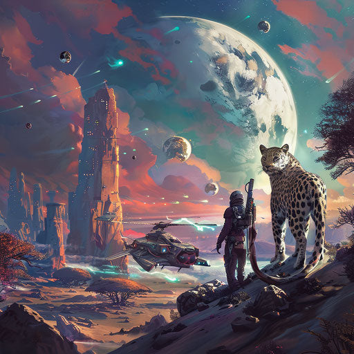 Noble leopards on alien planet, space opera scene – IMAGELLA
