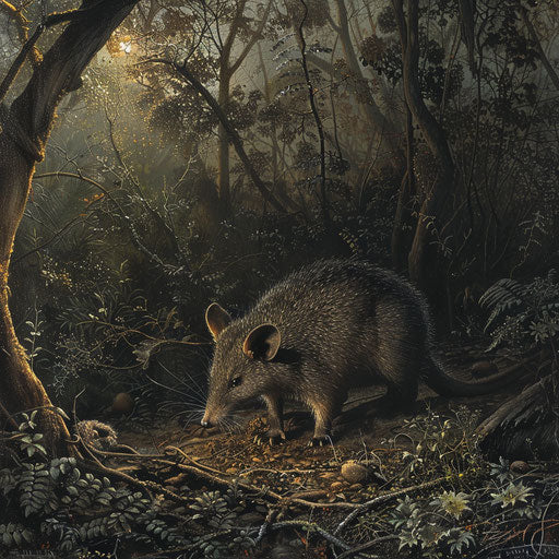Northern brown bandicoot foraging in the twilight underbrush of an ...