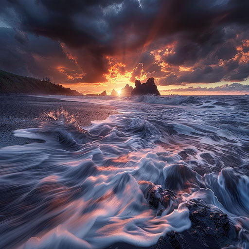 Brooding sunset at a rock beach with crashing waves and dark clouds ...