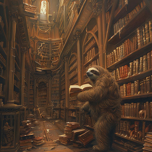 A sloth in a maze of ancient libraries, searching for wisdom – IMAGELLA