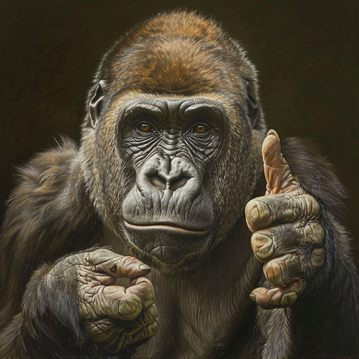 Gorilla signing with its hands, in the style of Roeselien Raimond ...
