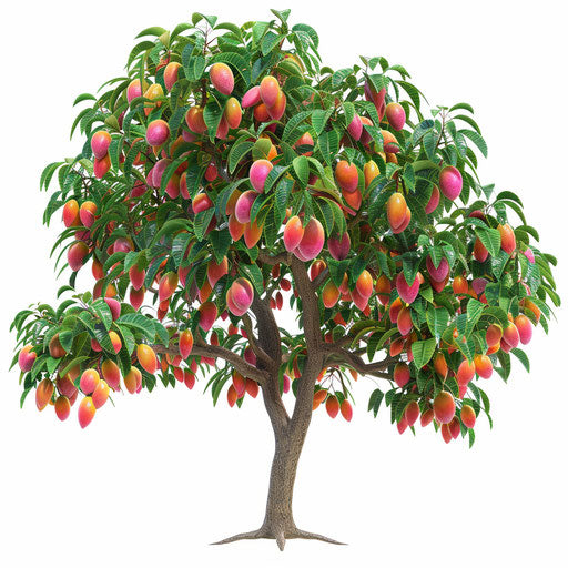 Realistic depiction of mango tree on white backdrop, vibrant colors and ...