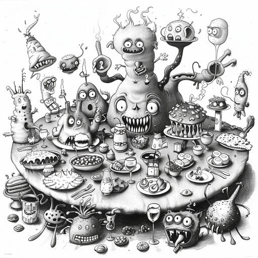 Whimsical potluck scene with animated food characters – IMAGELLA